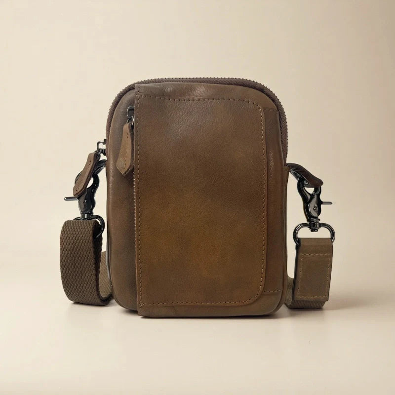 Men's Crossbody Phone Bag - Casual Full Grain Leather Style